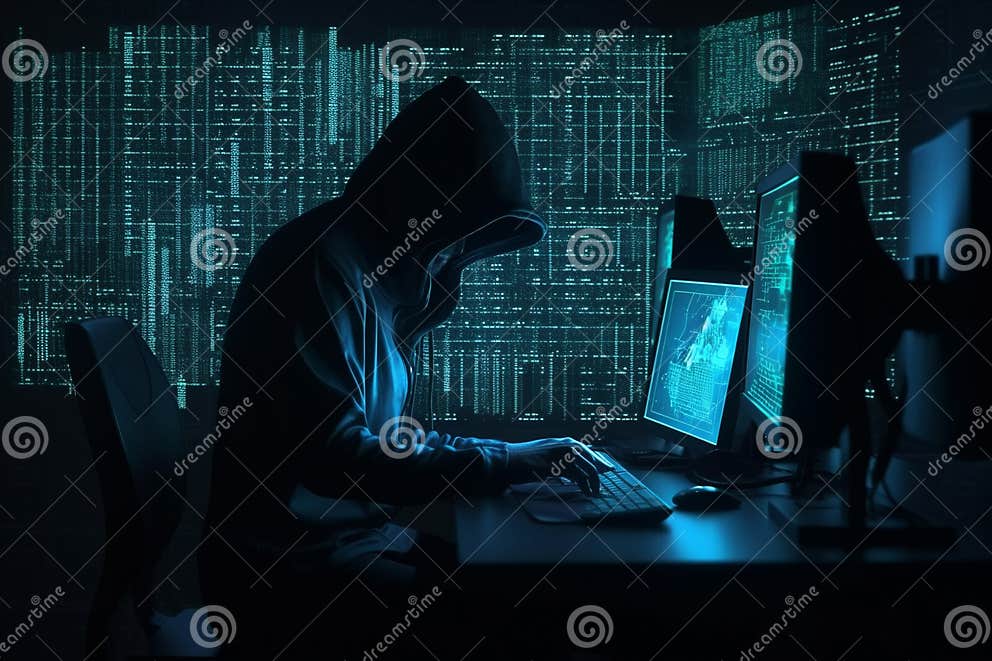 Hacker Front of His Computer Committing Digital Cybercrime. Generative AI Stock Image - Image of ...