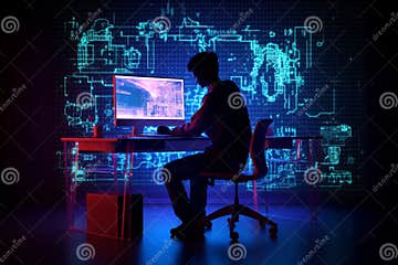 Hacker Front of His Computer Committing Digital Cybercrime. Generative AI Stock Illustration ...