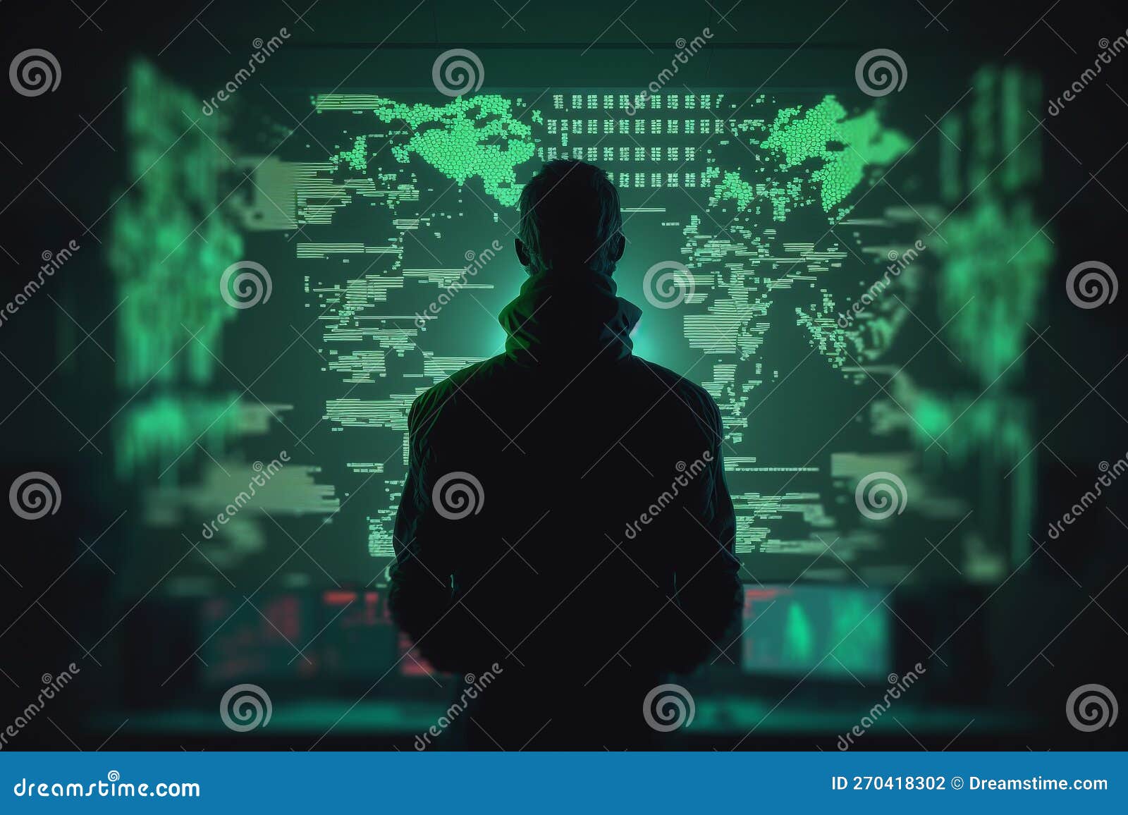Hacker Silhouette in Front of Monitors Hacks Servers Illustration ...