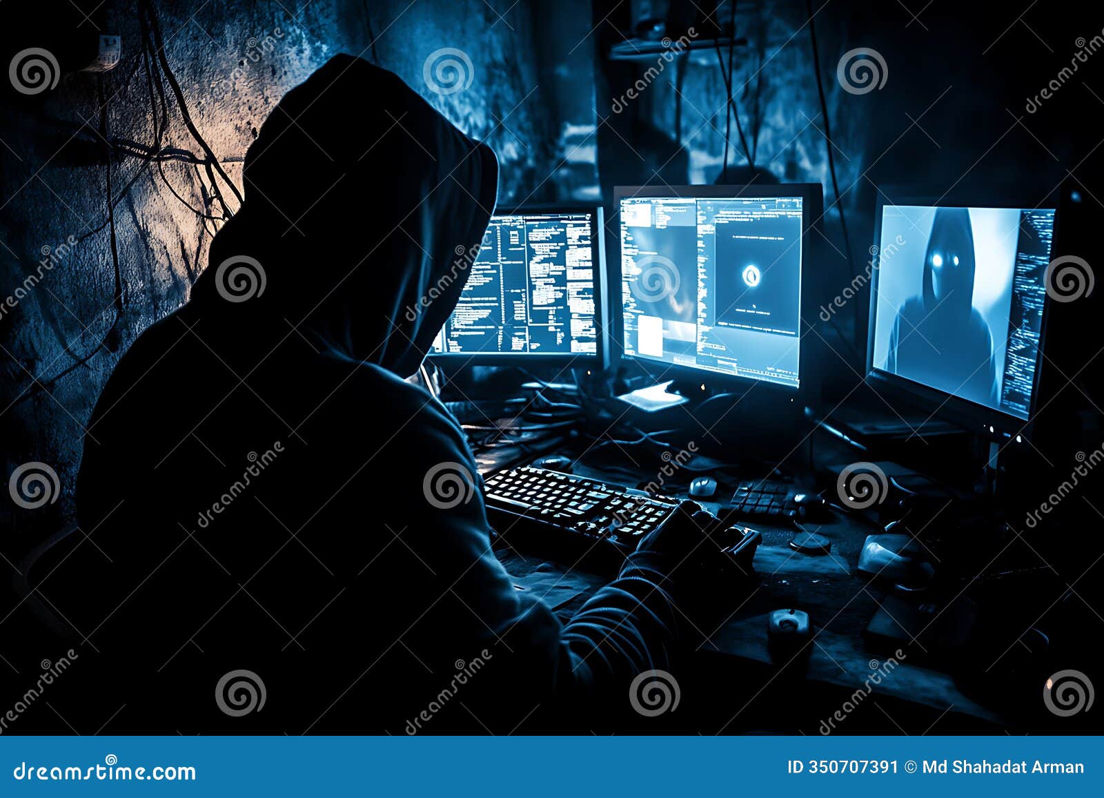 Hacker Silhouette in Front of Multiple Monitors Stock Illustration - Illustration of dark ...