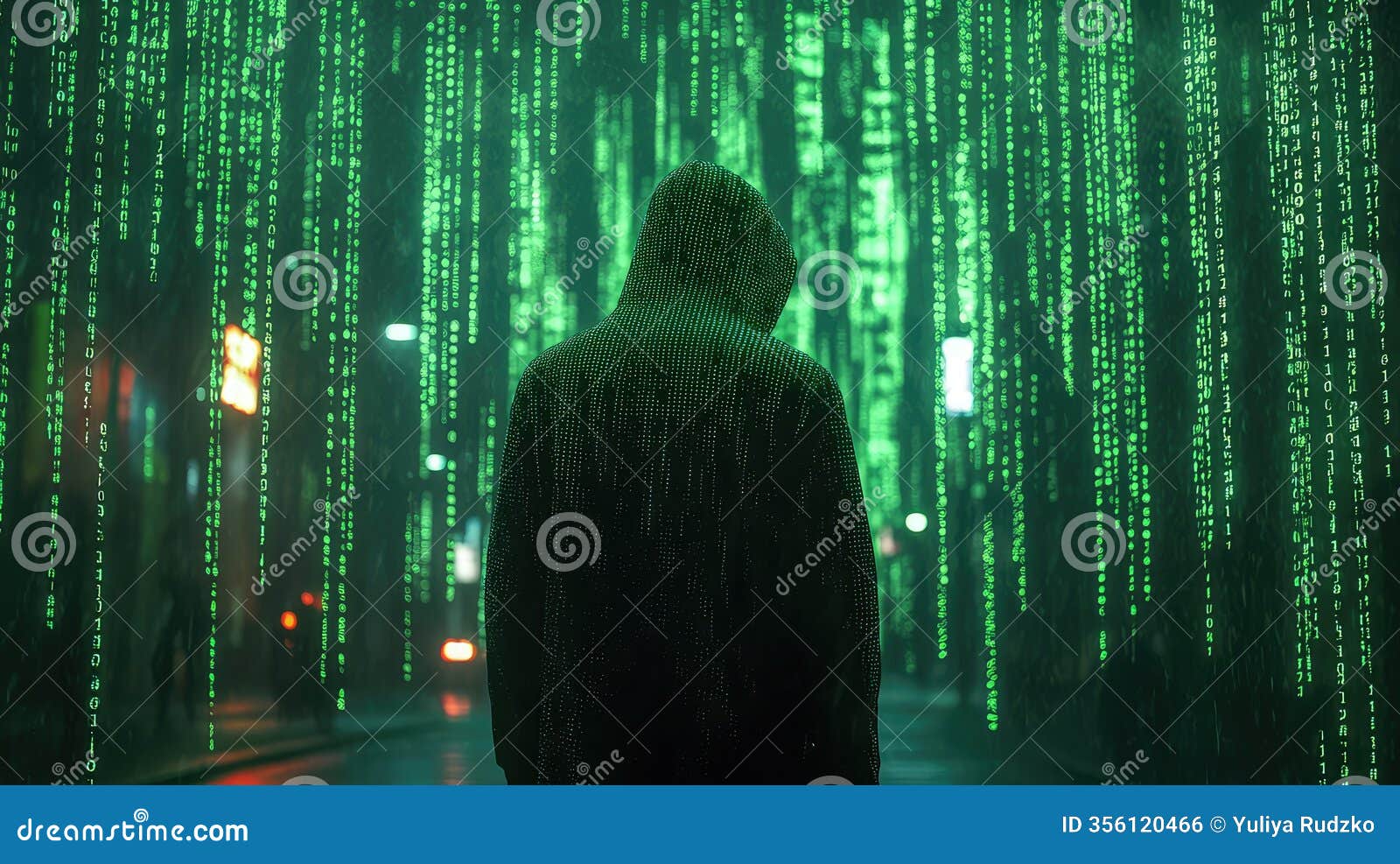 Hacker Silhouette In Green Binary Code Cascade With Dynamic Matrix Like 1893