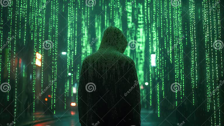 Hacker Silhouette in Green Binary Code Cascade with Dynamic Matrix-Like Patterns Stock Photo ...