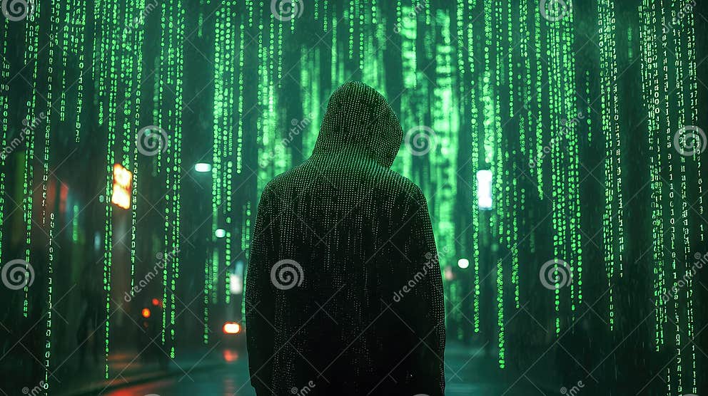 Hacker Silhouette in Green Binary Code Cascade with Dynamic Matrix-Like Patterns Stock Photo ...