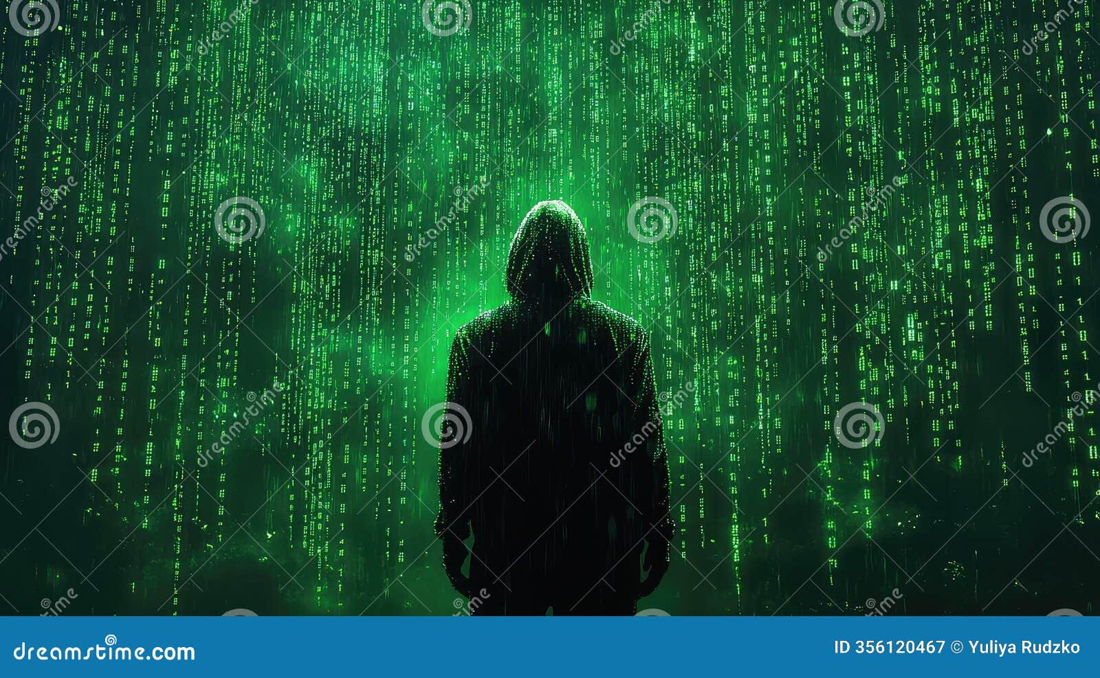 Hacker Silhouette In Green Binary Code Cascade With Dynamic Matrix Like 2382