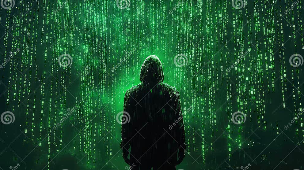 Hacker Silhouette in Green Binary Code Cascade with Dynamic Matrix-Like ...