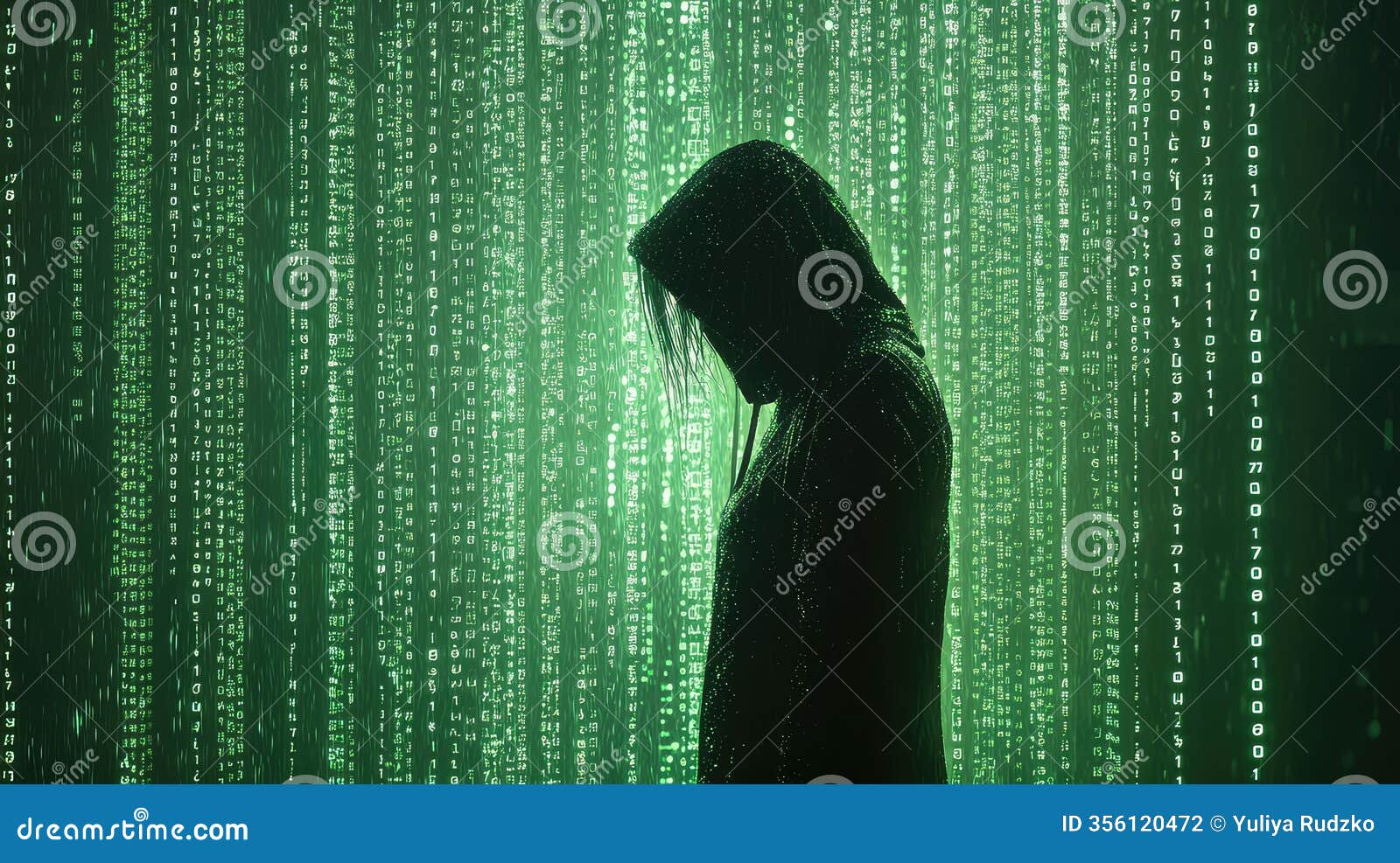 Hacker Silhouette In Green Binary Code Cascade With Dynamic Matrix Like 4585
