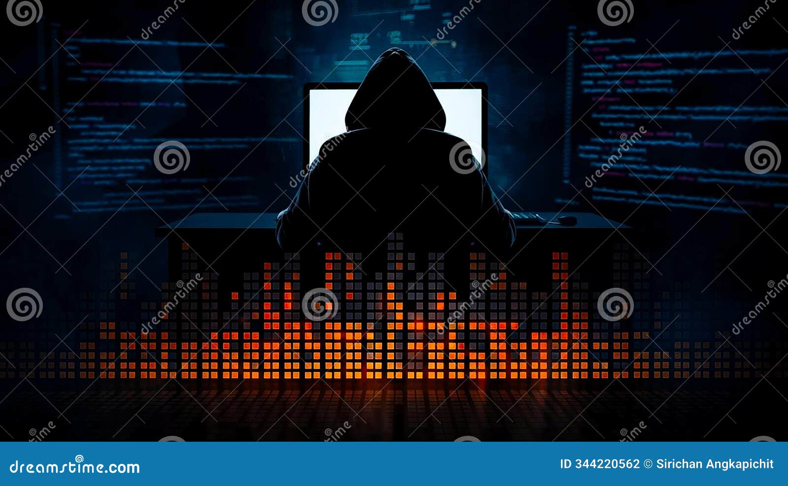 Hacker Silhouette Sitting in Front of a Computer Screen with Code and ...