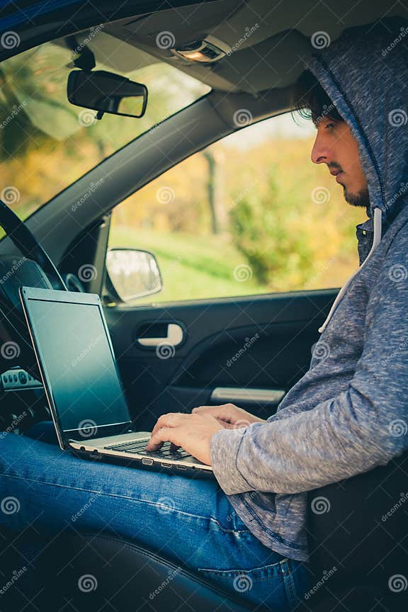 Hacker Sit in Car with His Laptop Stock Photo - Image of data, fraud ...