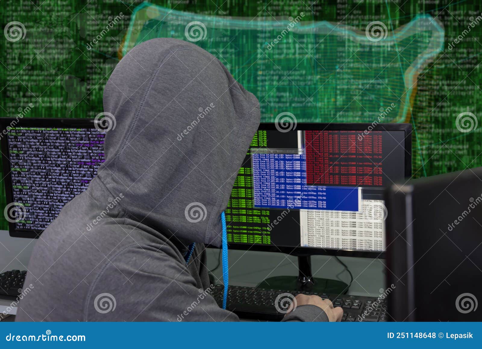 A Hacker Sits Behind Computer Monitors on an Abstract Background ...