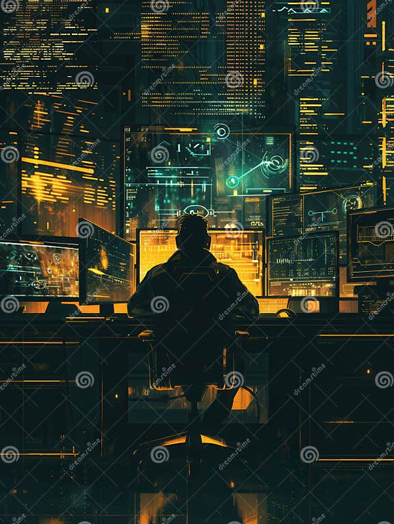 A Hacker Sits at a Cluttered Desk, Focused on Multiple Glowing Screens ...
