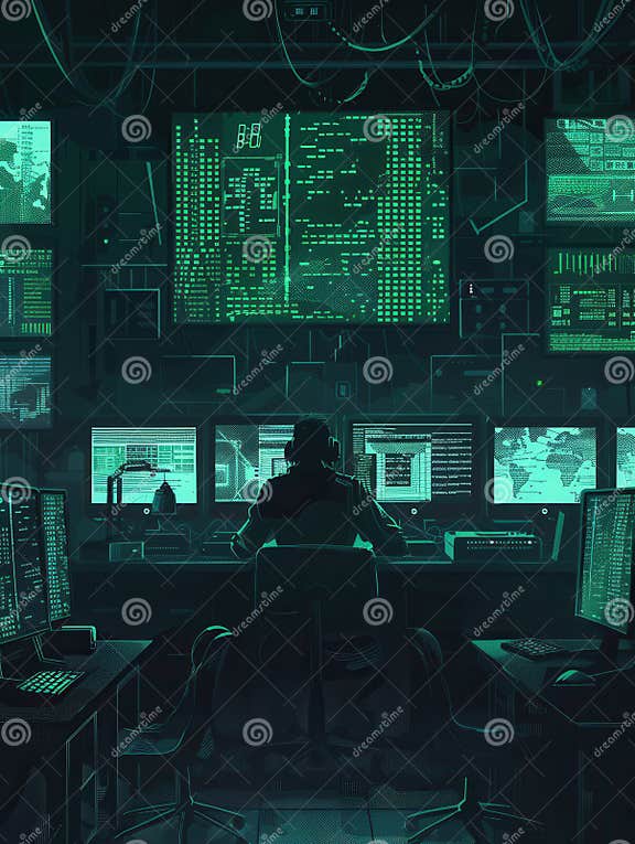 A Hacker Sits at a Desk in a Dark Room, Focused on Several Computer Screens Displaying Complex ...