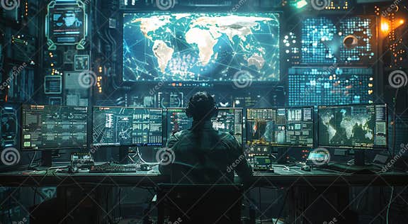 Silhouetted Hacker Monitoring Global Data Network with Multiple Monitors Stock Image - Image of ...