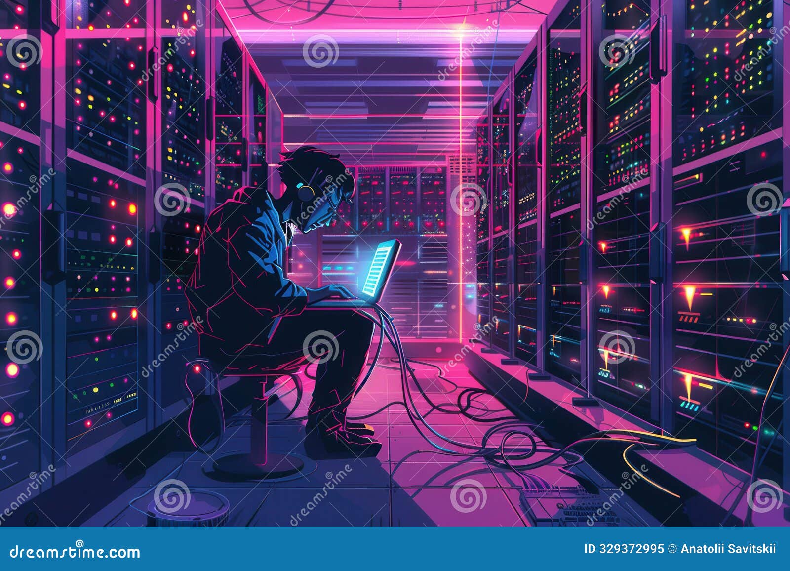A Hacker Sits Quietly in a Dark Server Room, Focused on Coding while ...