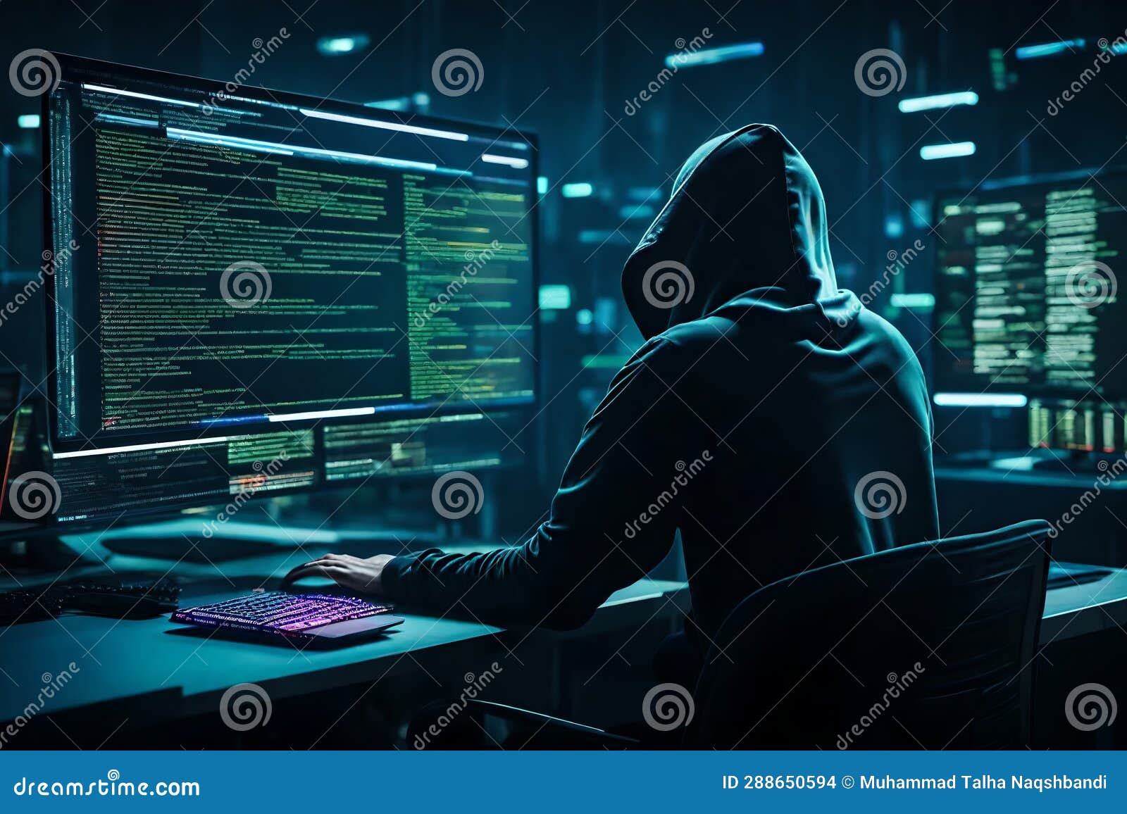 Hacker Sitting On A Chair Working On A Computer Generative Ai Stock Illustration