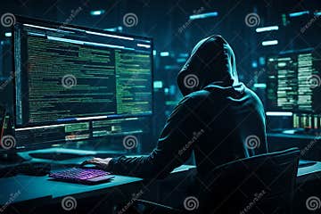 Hacker Sitting on a Chair Working on a Computer - Generative AI Stock ...