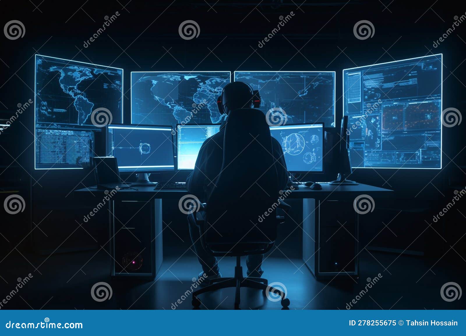 Hacker Sitting at a Desk, 4 Monitors, AI Generative Stock Illustration ...