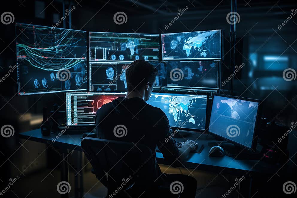 Hacker Sitting in Front of Many Computer Screens. Generative AI Stock ...