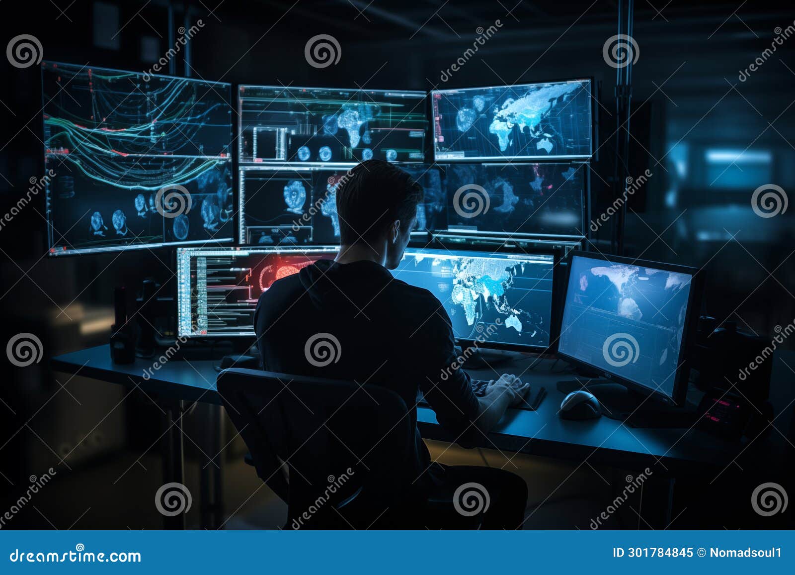 Hacker Sitting in Front of Many Computer Screens. Generative AI Stock ...