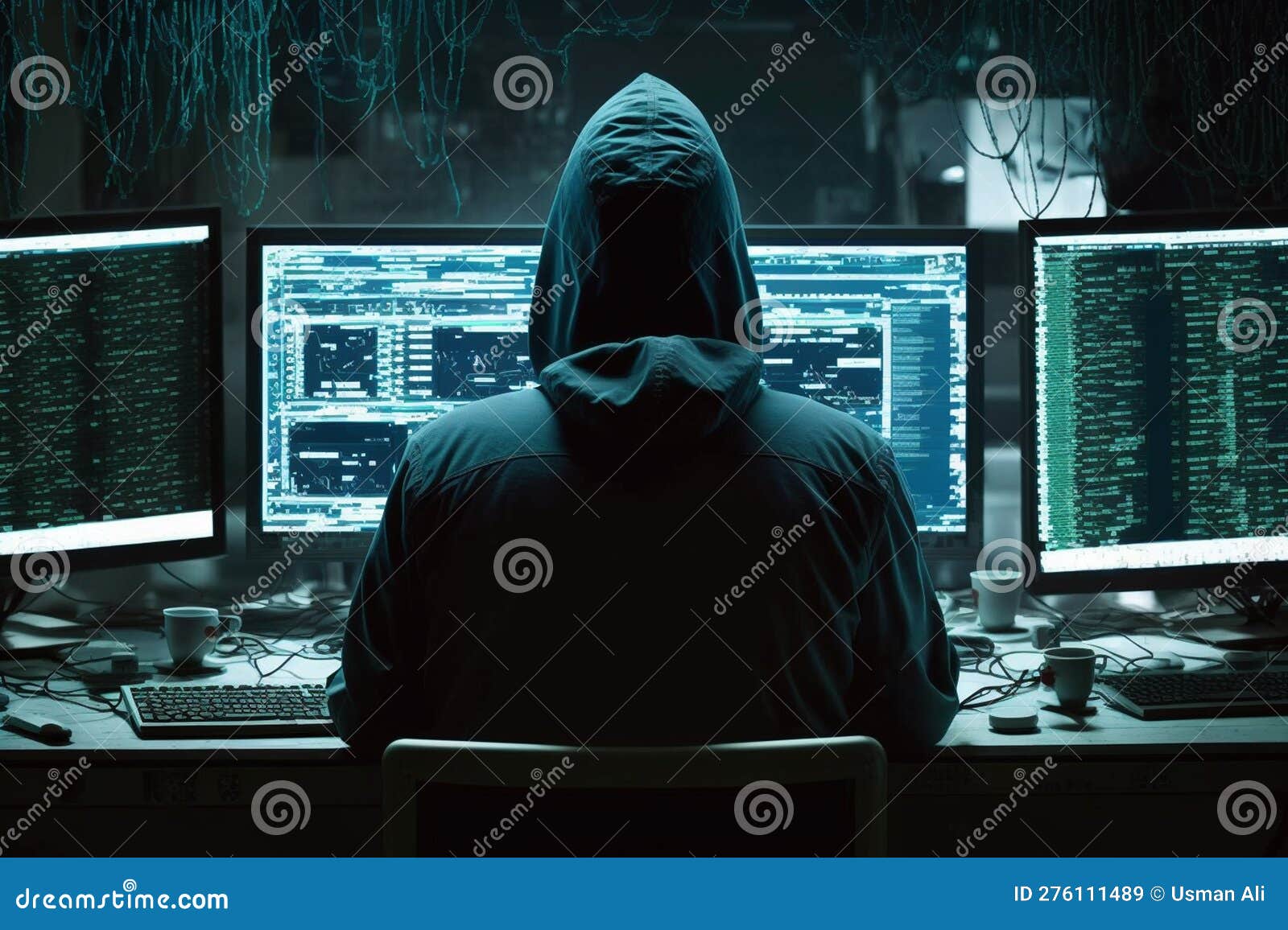 A Hacker Sitting In Front Of Multiple Computer Screens Ai Stock Illustration Illustration Of
