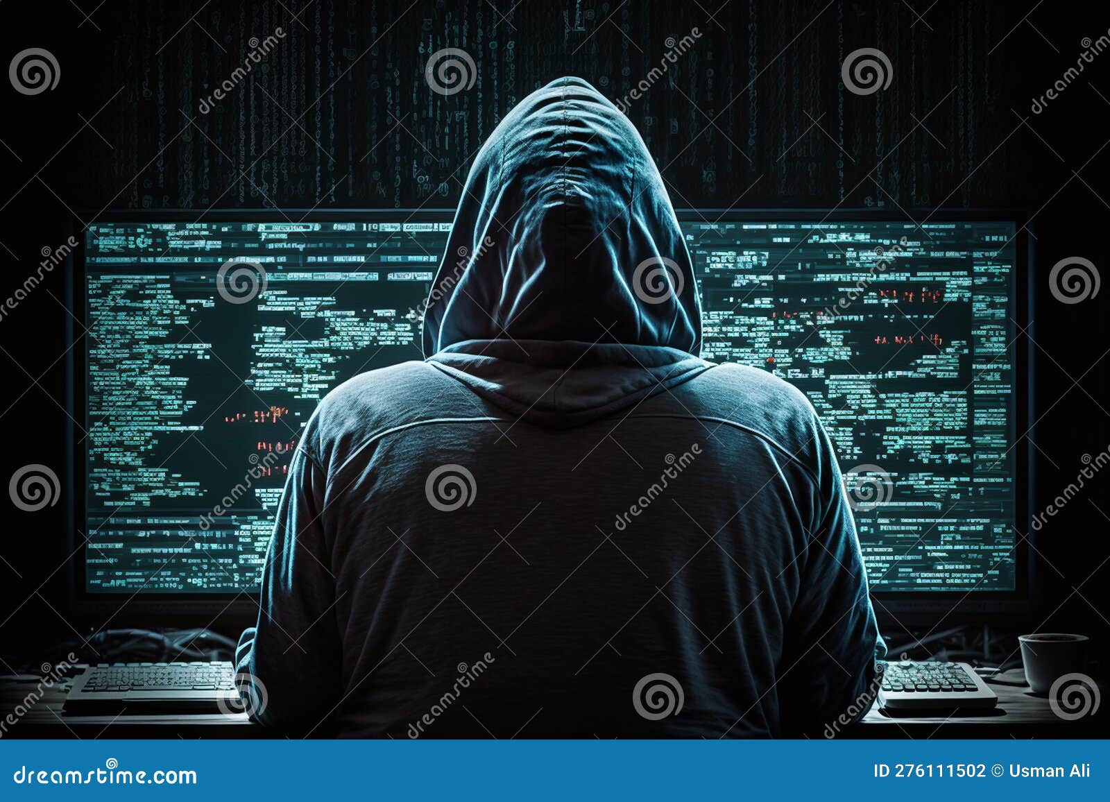 A Hacker Sitting in Front of Multiple Computer Screens. AI Stock Illustration - Illustration of ...