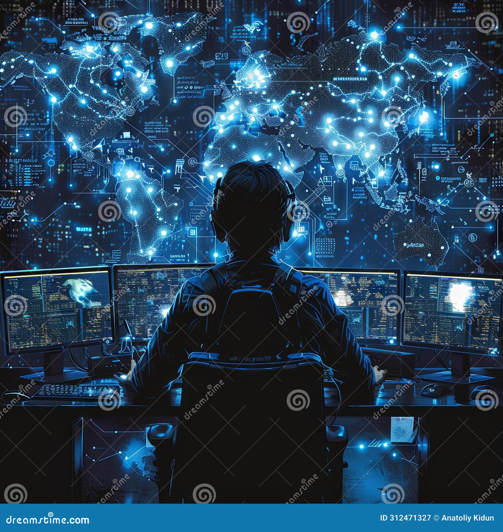 A Hacker Sitting at His Desk in the Dark with Several Monitors, on ...