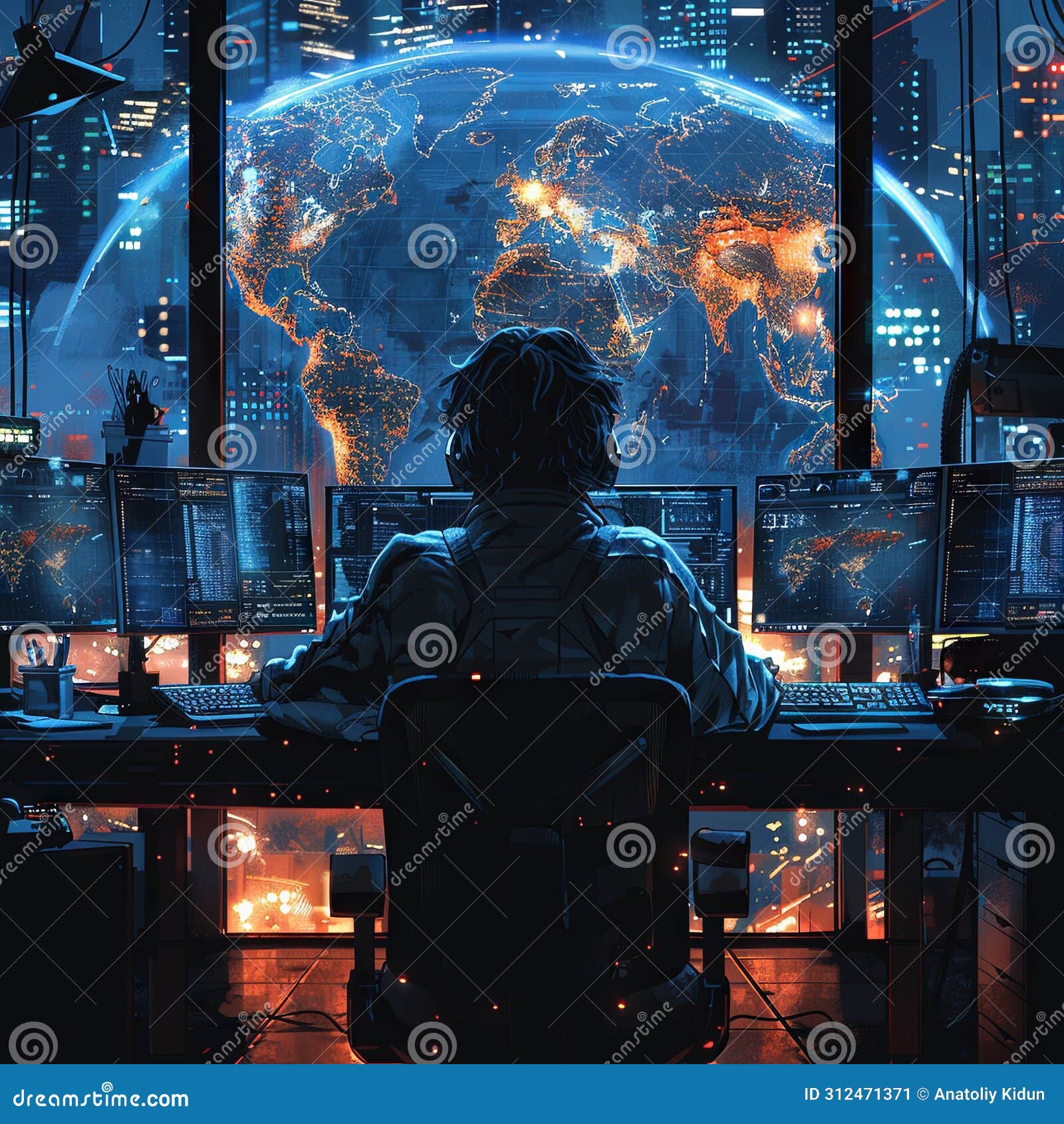 A Hacker Sitting at His Desk in the Dark with Several Monitors, on ...