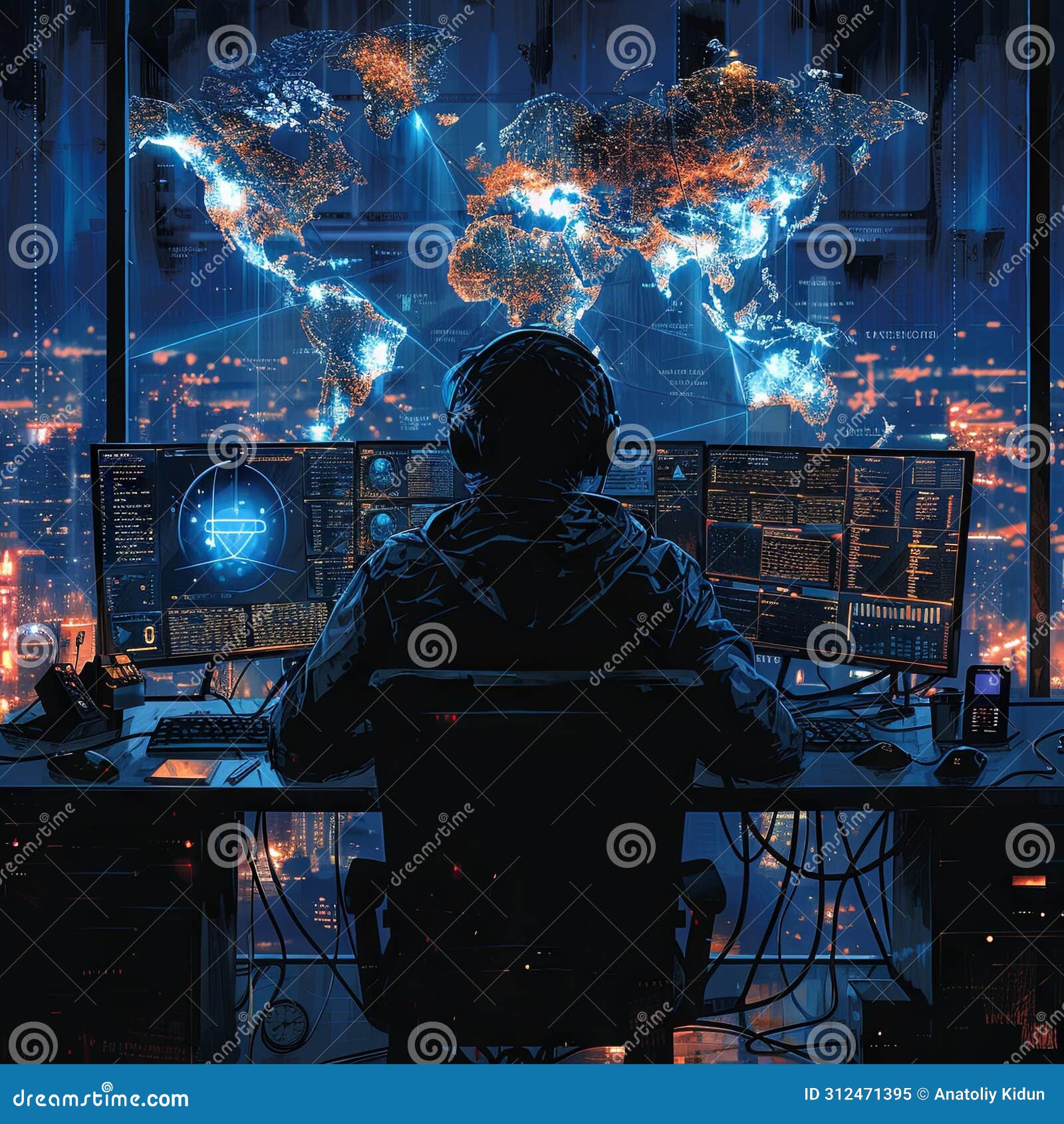 A Hacker Sitting at His Desk in the Dark with Several Monitors, on ...
