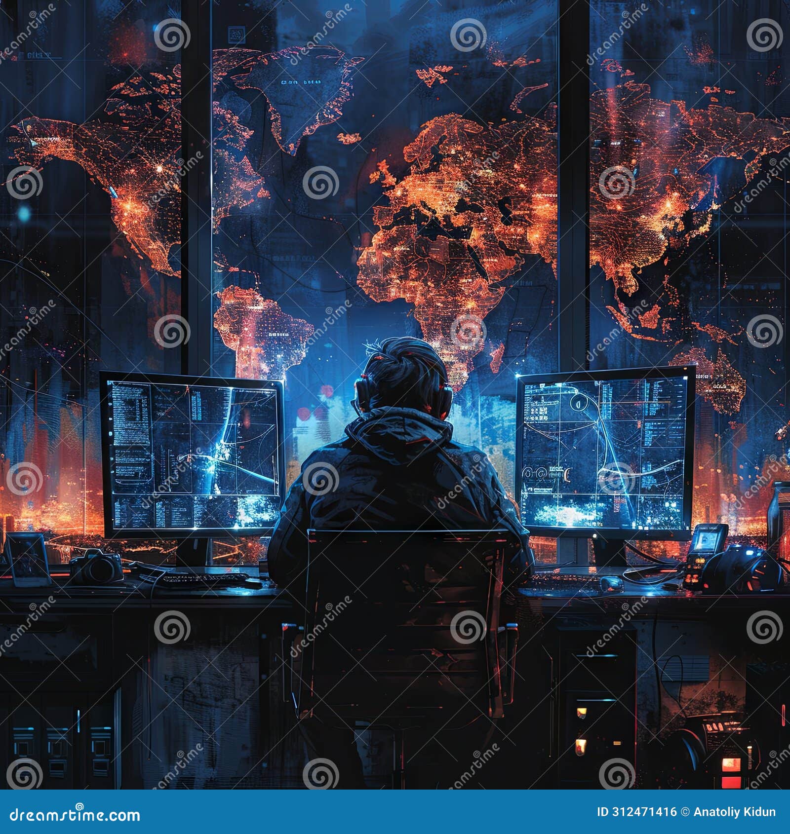 A Hacker Sitting at His Desk in the Dark with Several Monitors, on ...