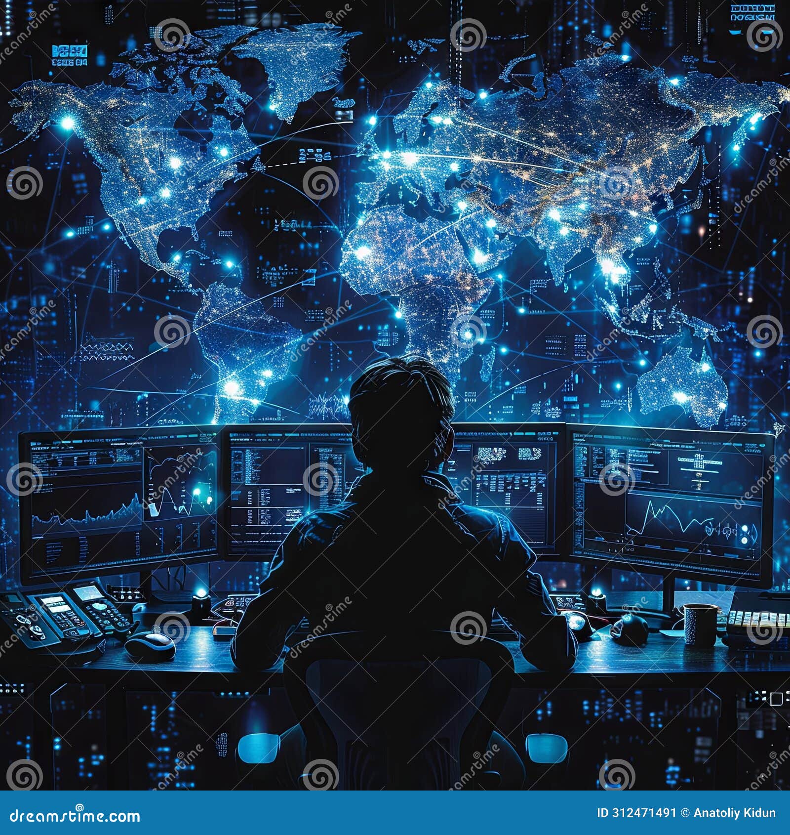 A Hacker Sitting at His Desk in the Dark with Several Monitors, on ...