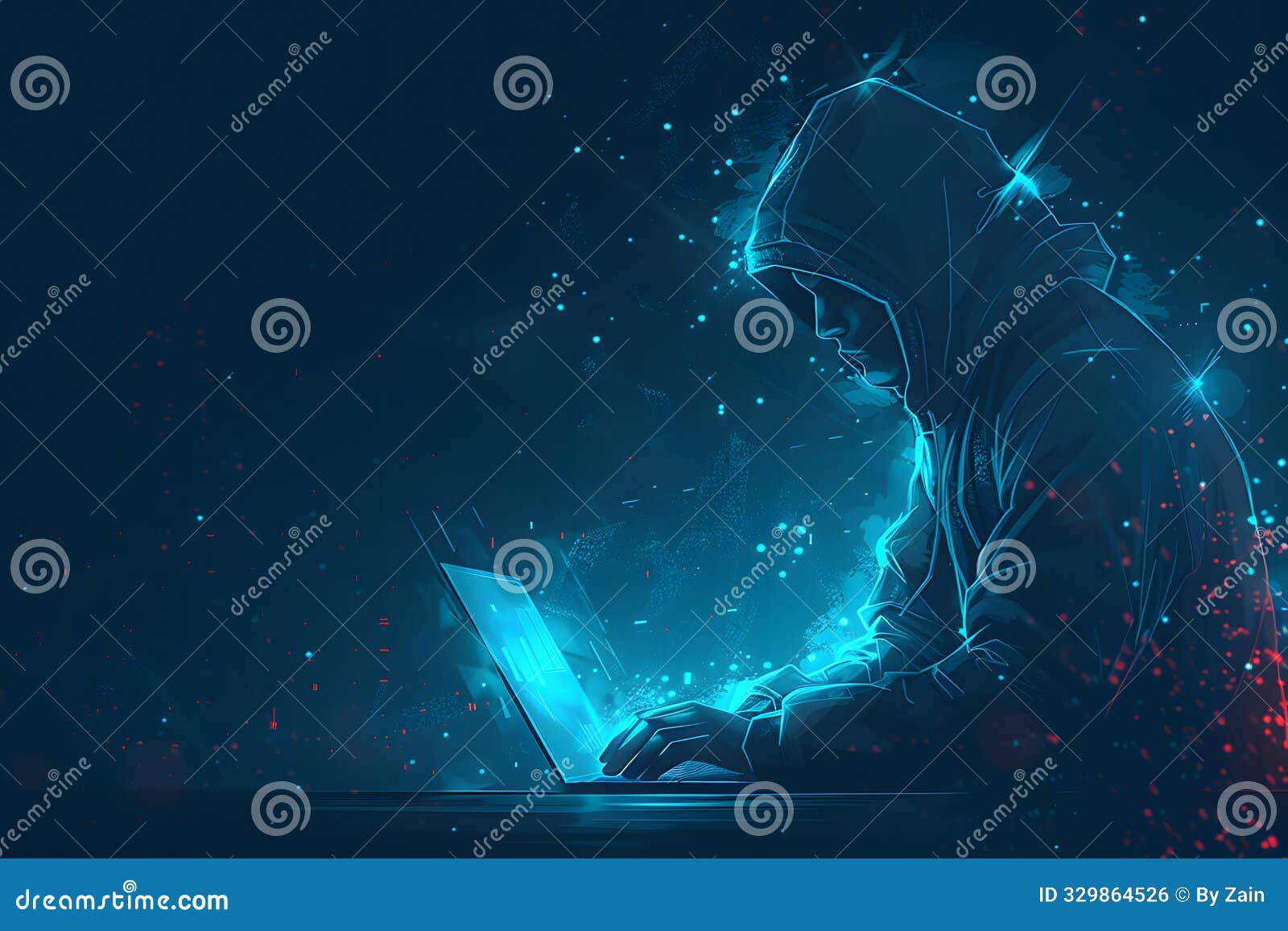 Hacker Sitting at Laptop, Dark Blue Backgroud, Cybersecurity ...