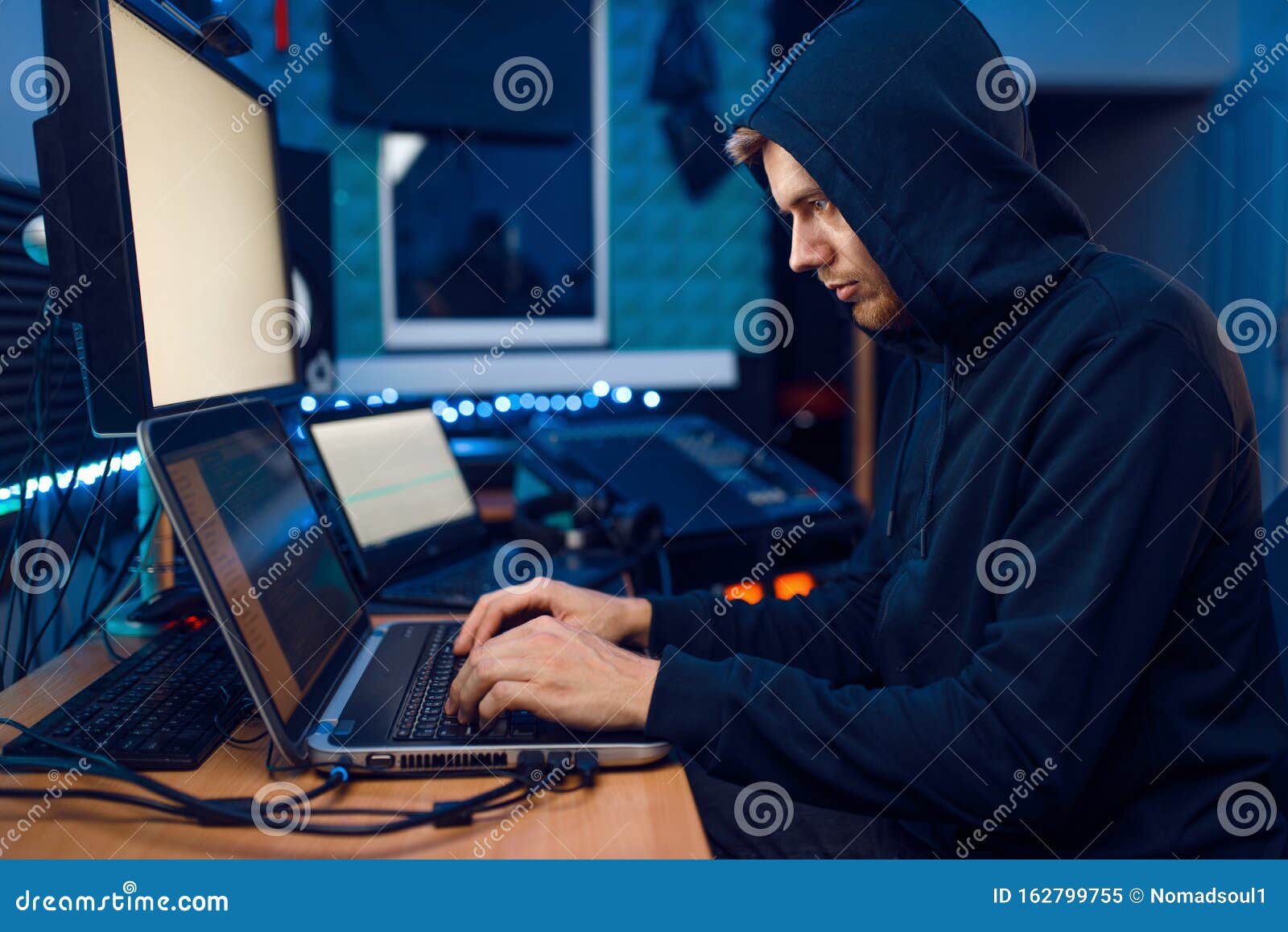 Hacker Sitting at Laptop, Information Hacking Stock Image - Image of ...