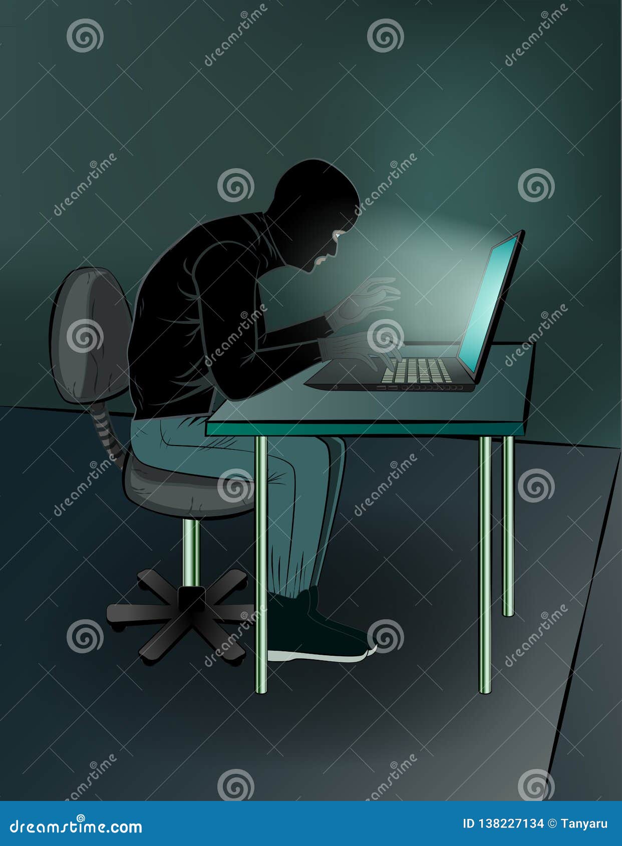 Hacker Sitting at the Laptops in Th Room, Vertical Vector Illustration ...