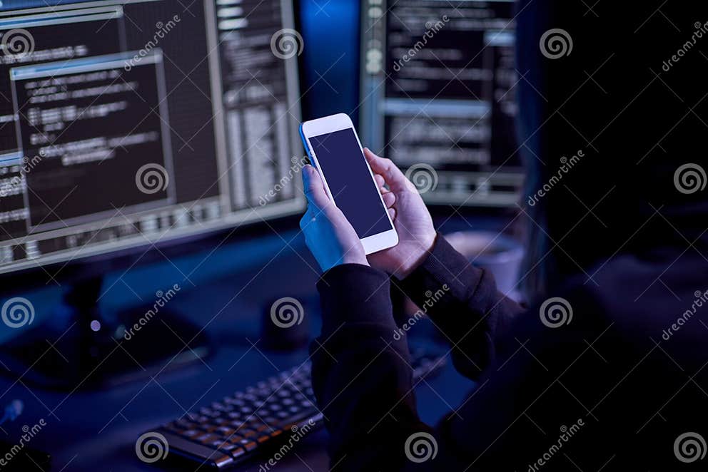 Hacker with Smartphone and Computers in Dark Room Stock Image - Image of cellphone ...