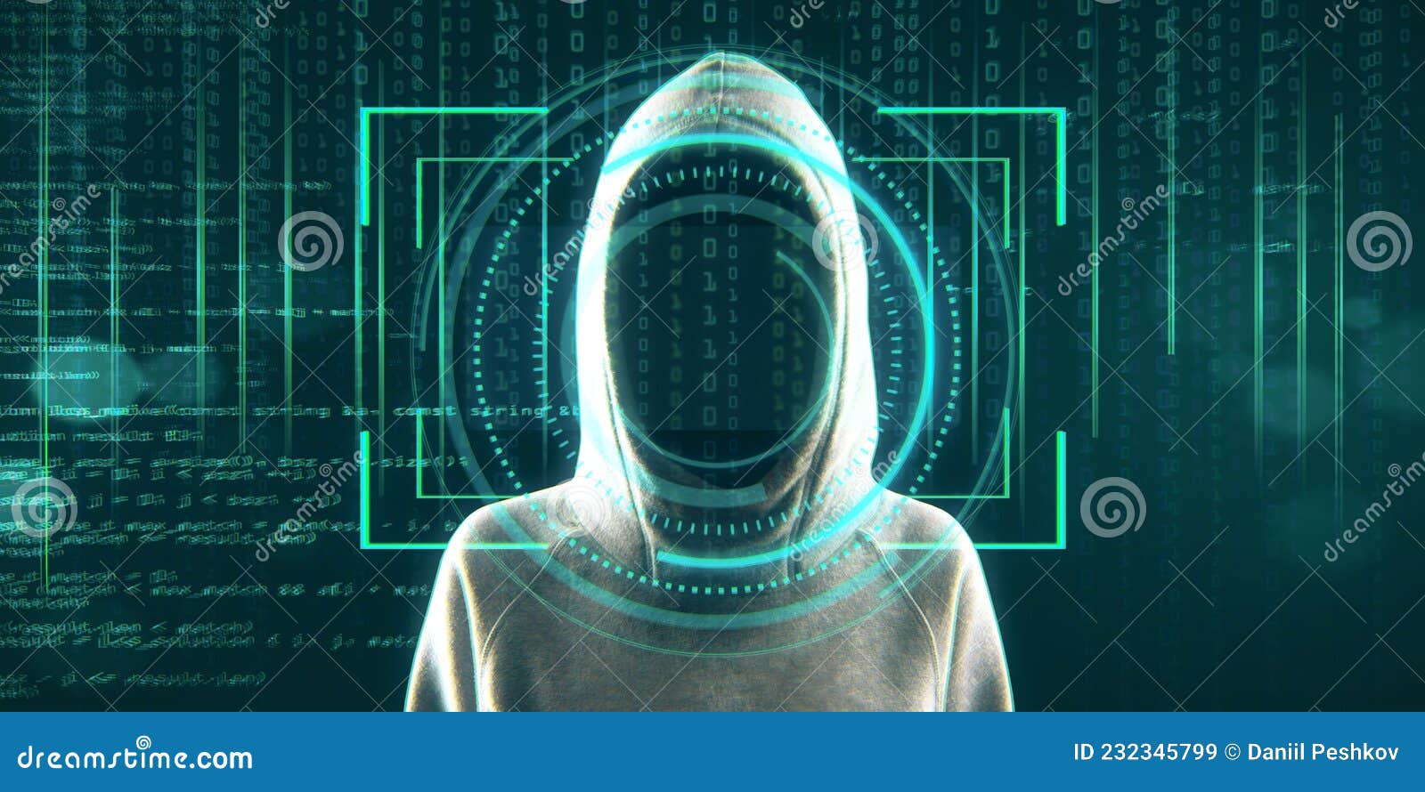 Hacker Standing on Abstract Binary Code Background with Face Recognition Interface. Hacking, ID ...