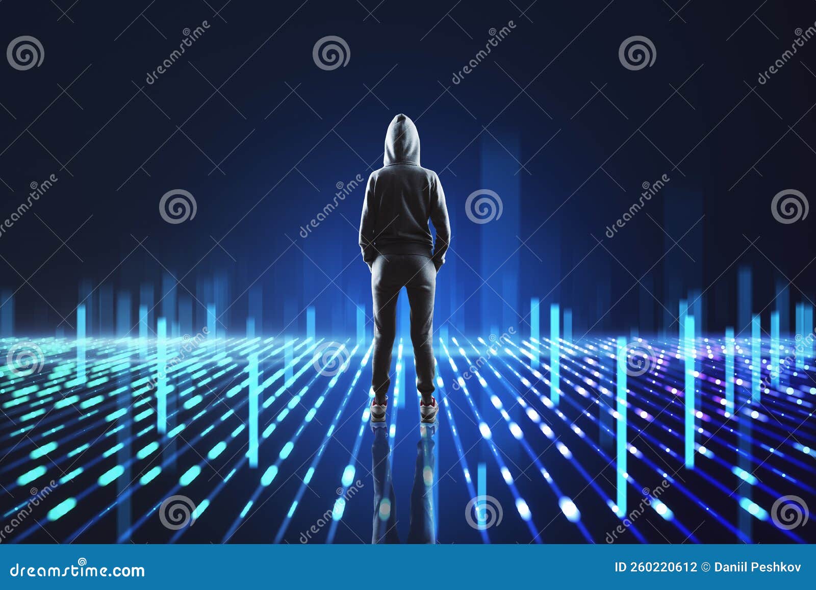 Hacker Standing on Creative Metaverse Background. Digital Future, Data ...