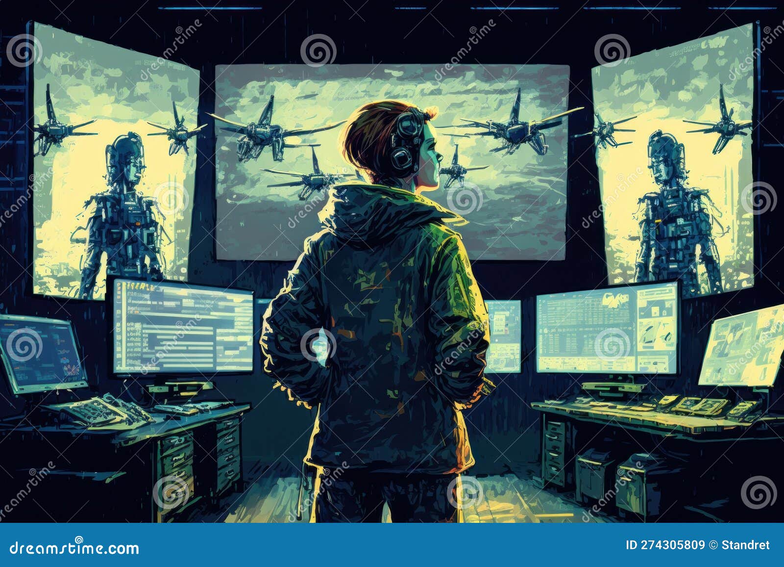 Hacker Standing in Front of Monitors. Beautiful Illustration Picture ...
