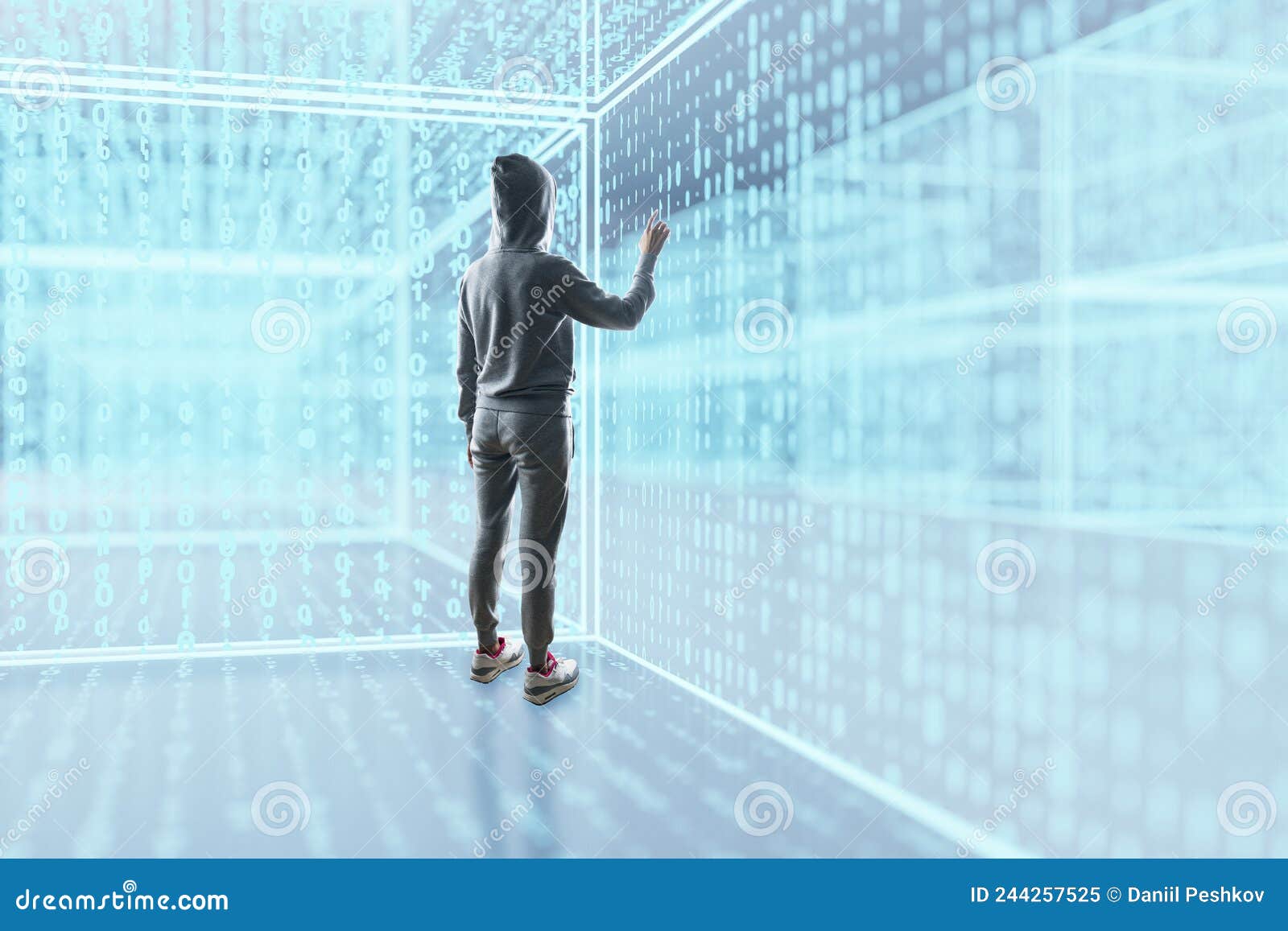 Hacker Standing In Glowing Cyber Binary Code Room Technology Concept