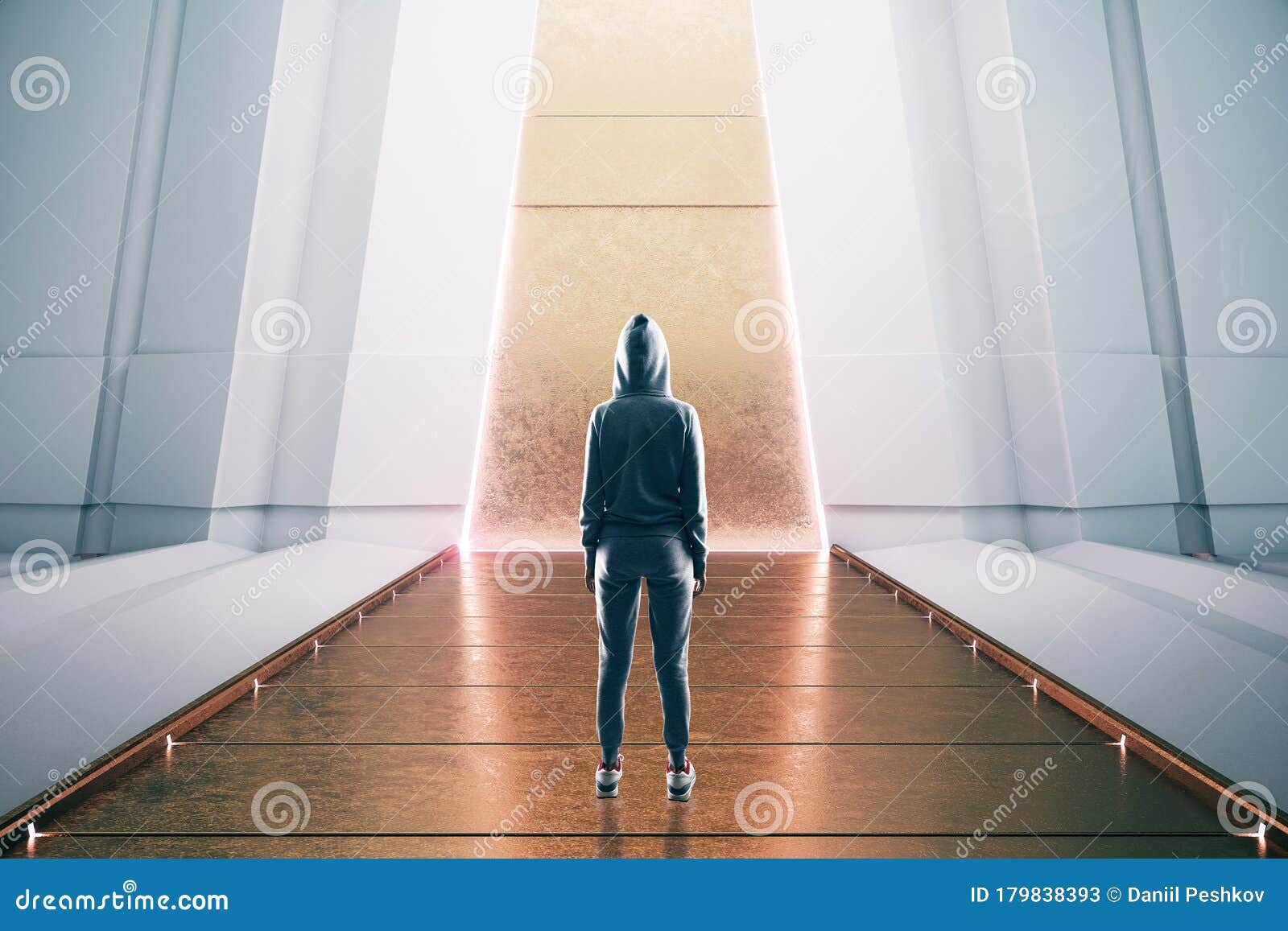 Hacker Standing in Minimalistic Futuristic Gallery Interior Stock Image ...