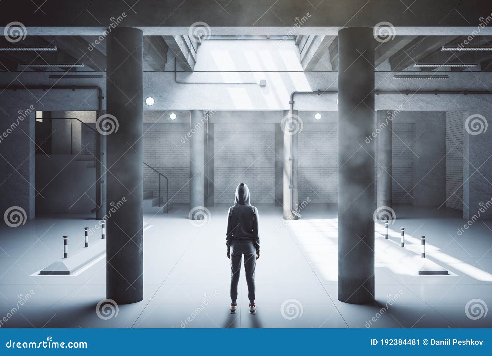 Hacker Standing in Minimalistic Parking Garage Underground Stock ...