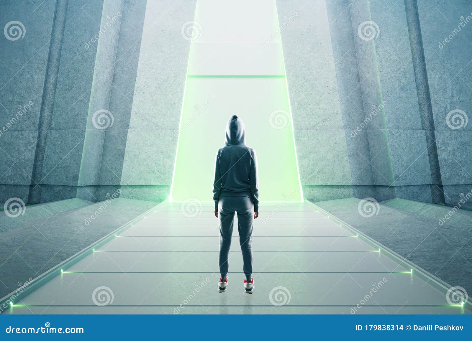 Hacker Standing in Modern Futuristic Gallery Interior Stock Photo ...
