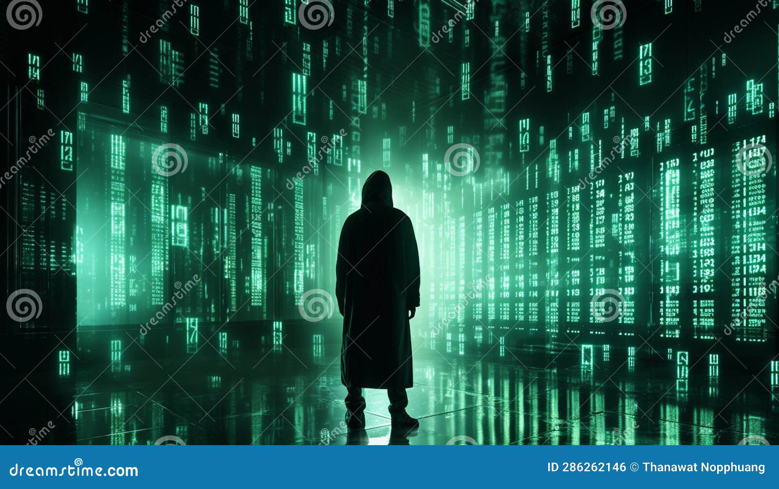The Hacker is Standing among the Unknow Green Data Line Stock ...