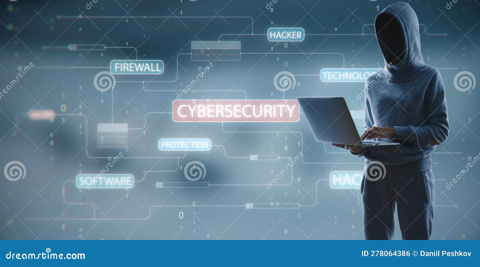 Hacker Standing and Using Laptop Computer with Glowing Hacking Hologram with Binary Code and ...