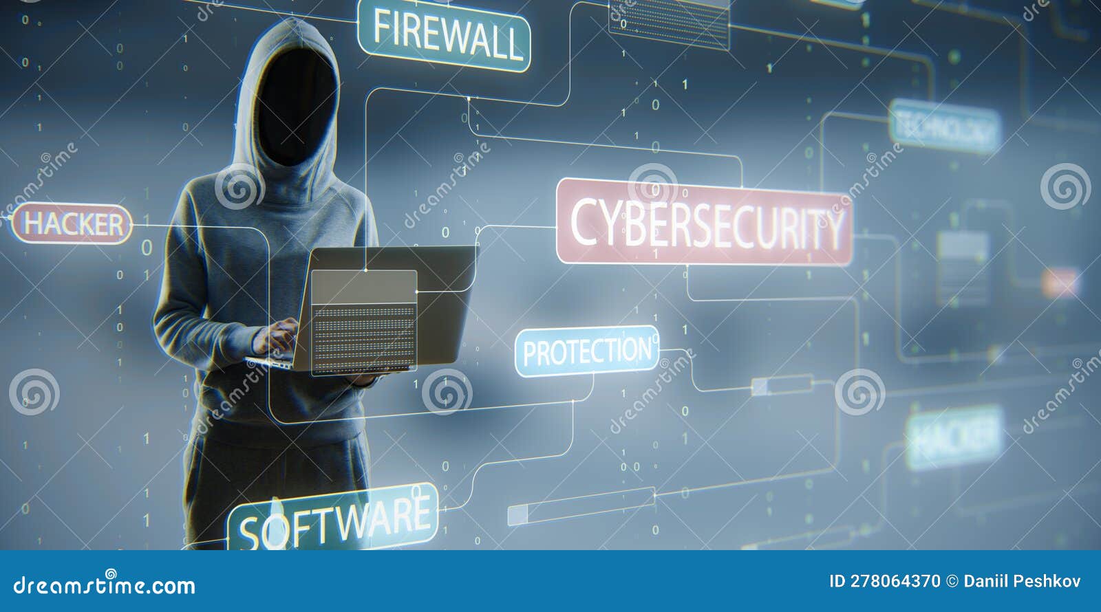 Hacker Standing and Using Laptop with Glowing Hacking Hologram with Binary Code and Lines ...