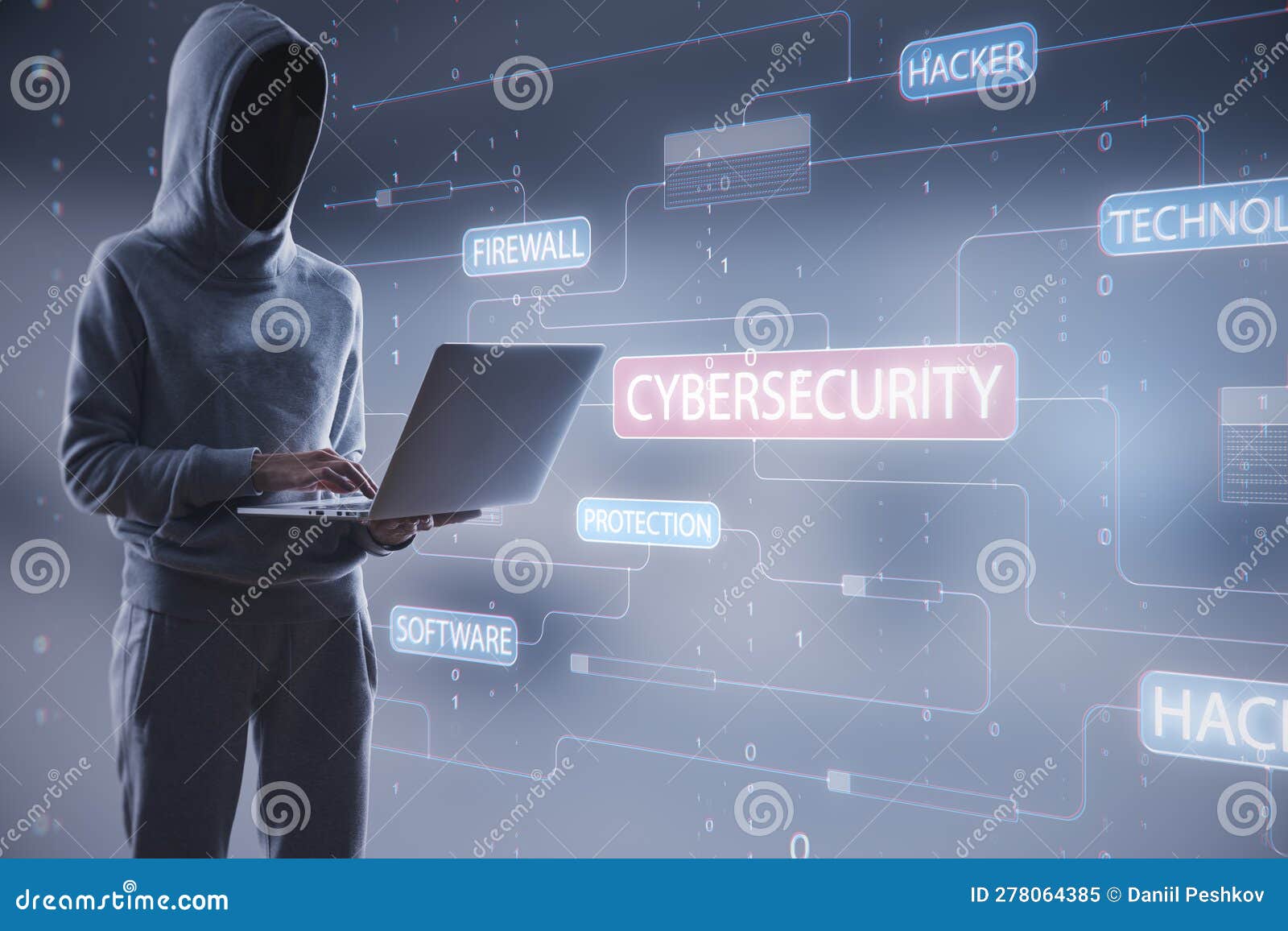 Hacker Standing and Using Notebook with Glowing Hacking Hologram with Binary Code and Lines ...