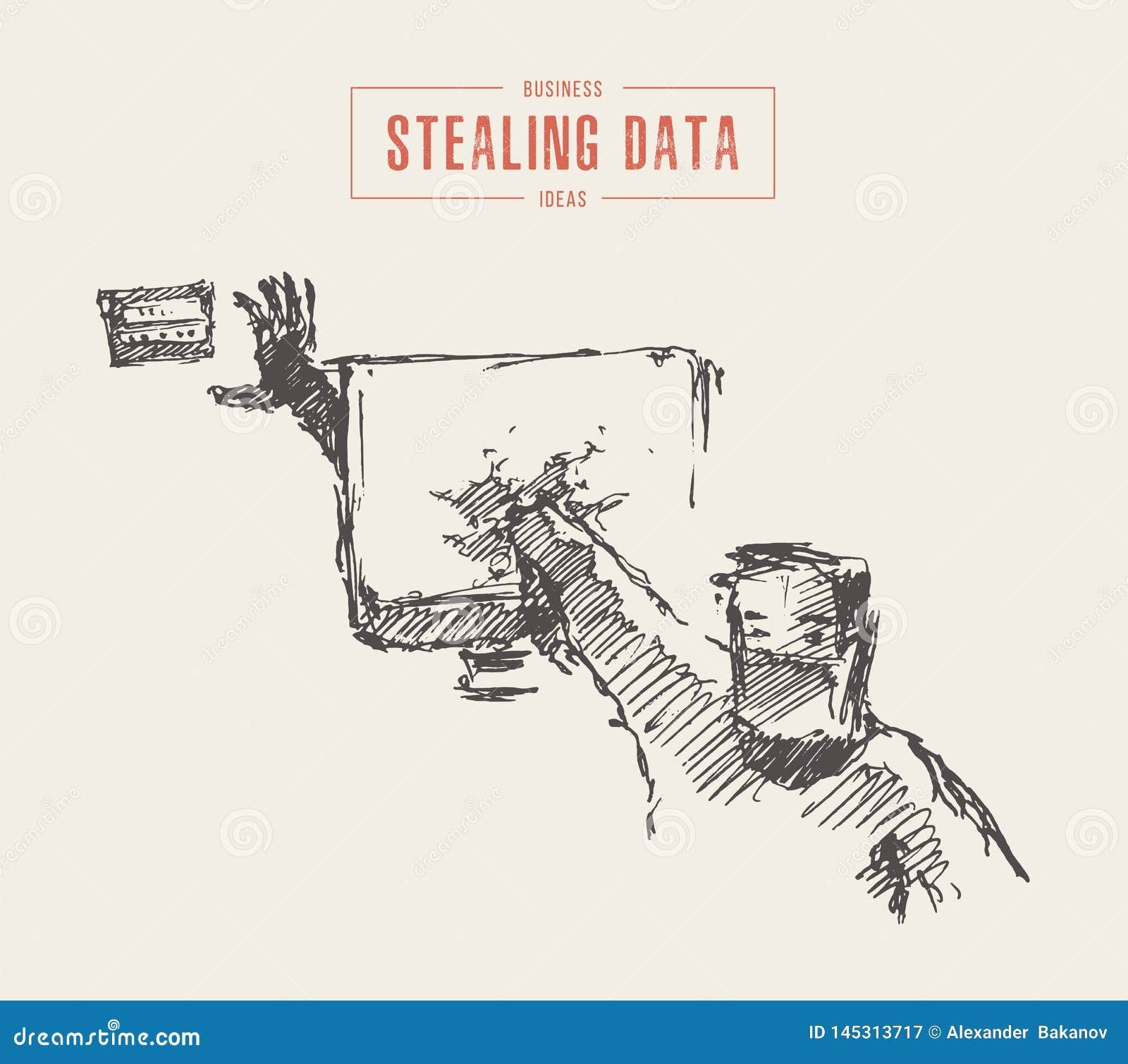 Hacker Steals Data Computer Cybercrime Draw Vector Stock Vector ...