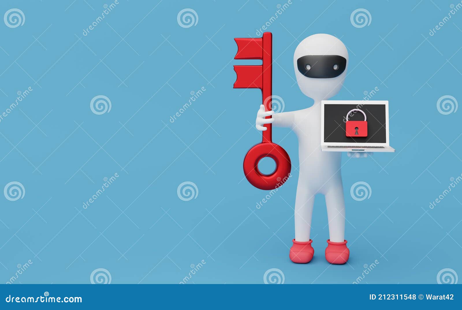 Hacker Stick Man with Key and Laptop ,3d Illustration or 3d Rendering ...