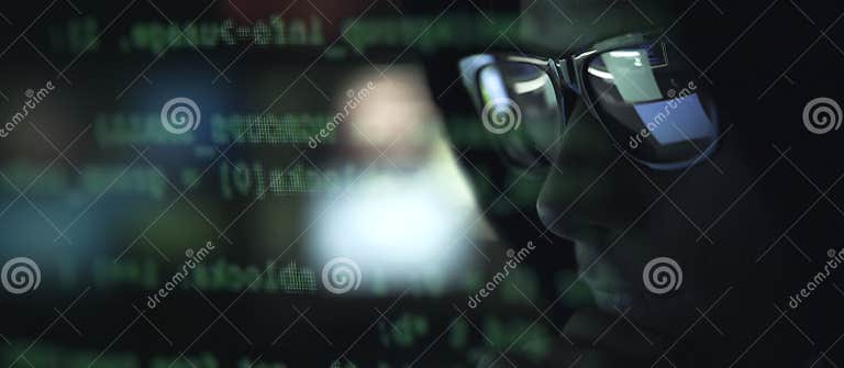 Hacker with Sunglasses and Code on the Screen Stock Image - Image of ...