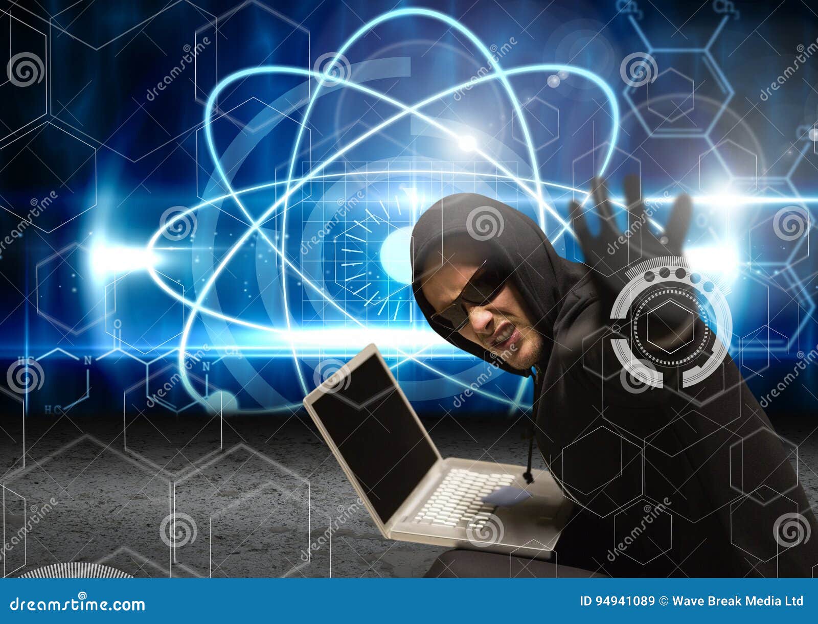 Hacker with Sunglasses Using a Laptop and Tending His Arm To the Lens ...