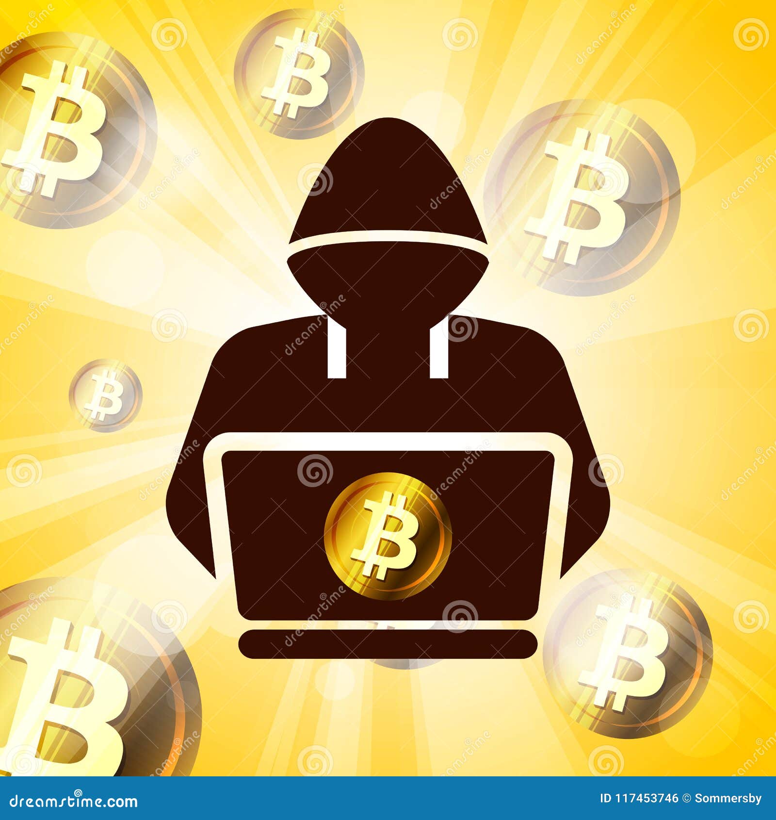 Hacker Symbol on Bitcoin Cryptocurrency in Bright Yellow Rays of Stock ...