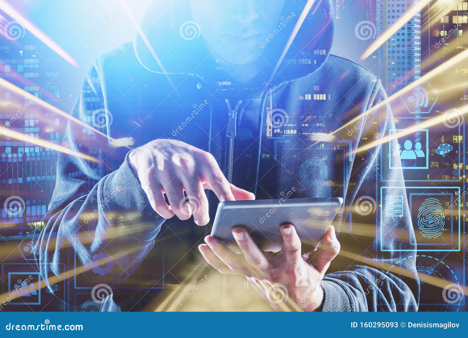 Hacker with Tablet in City, Cyber Security Stock Image - Image of crime ...
